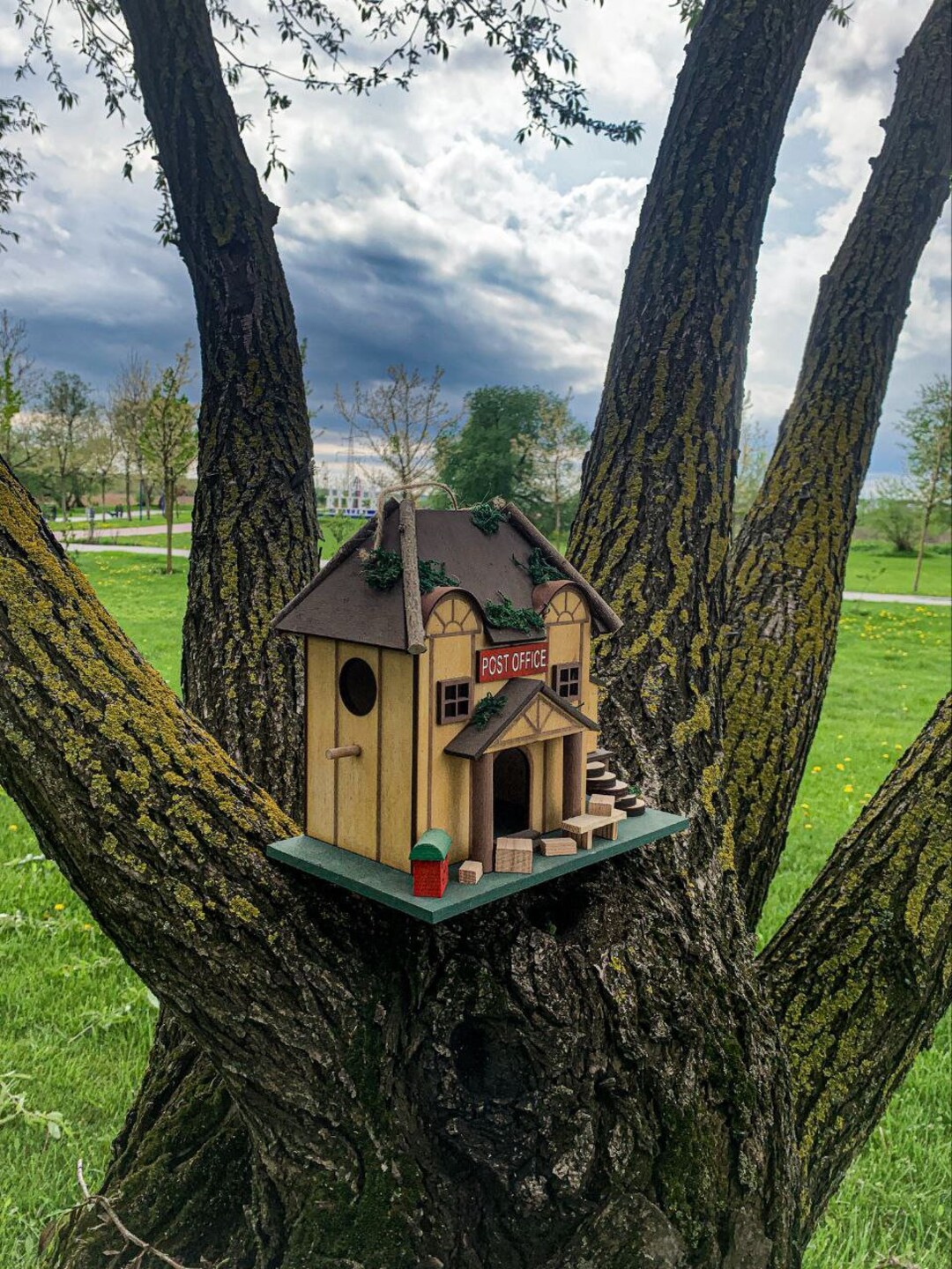 Wooden Bird Feeders Post Offise Ecofriendly Bird House Natural Art ...