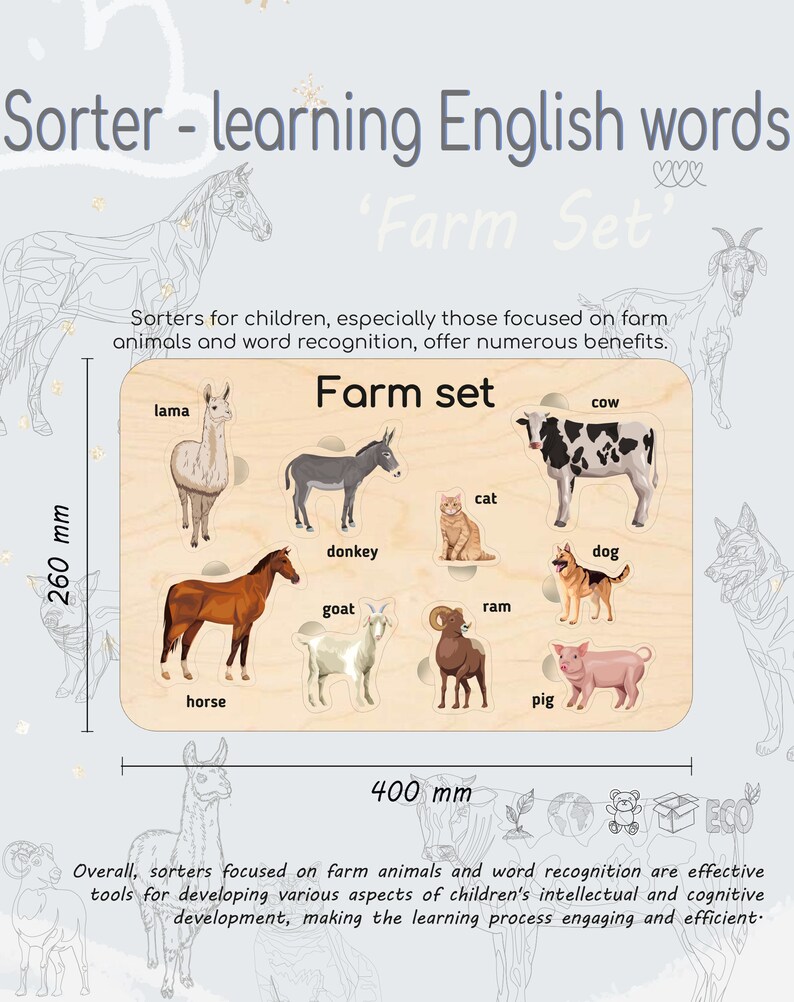 Wooden ENGLISH Sorter Farm Set Educational Preschool Learning Motor ...
