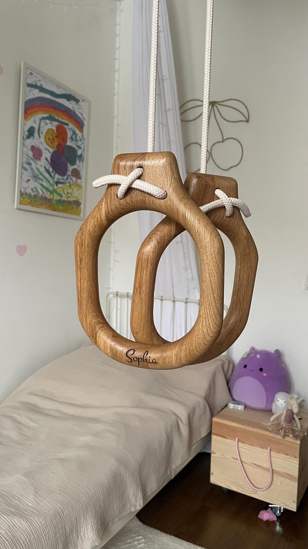 Premium Oak Wooden Gym Rings for Kids & Adults – Adjustable Height, 11 ...
