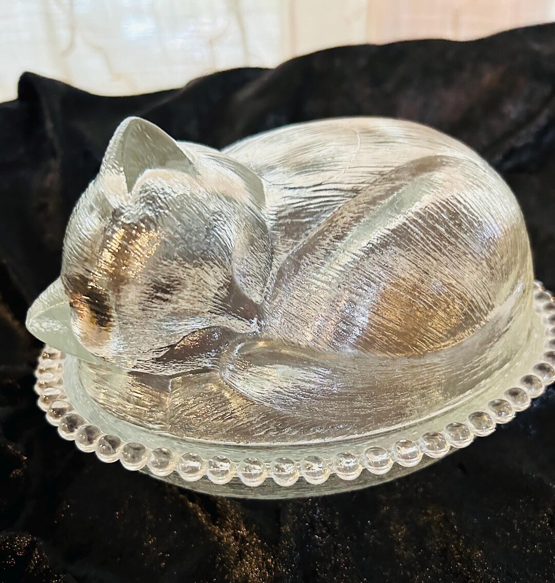Vintage Indiana Glass Sleeping Cat on a Basket - Etsy