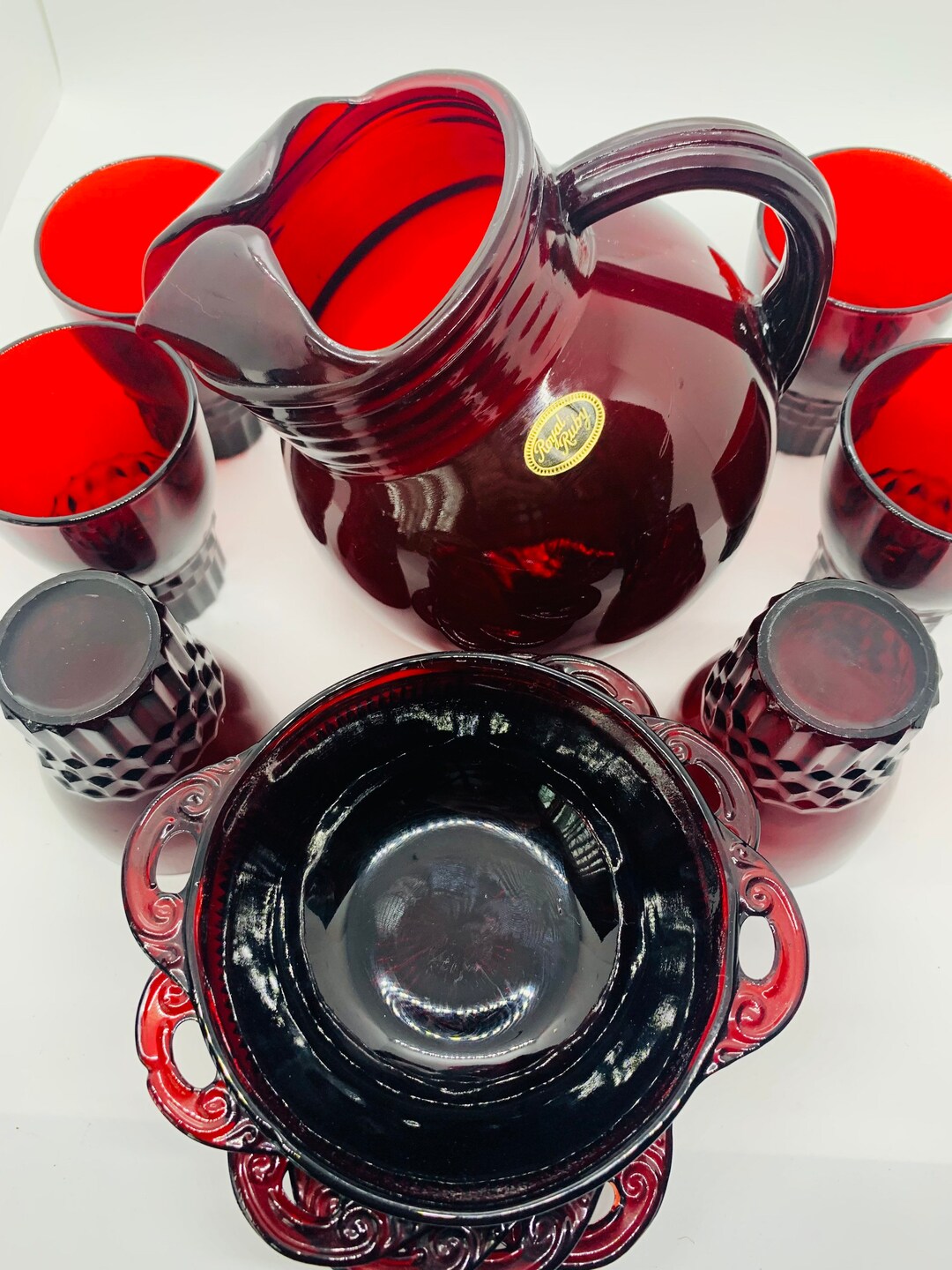 Vintage Red Ruby Glass Set With Pitcher - Etsy