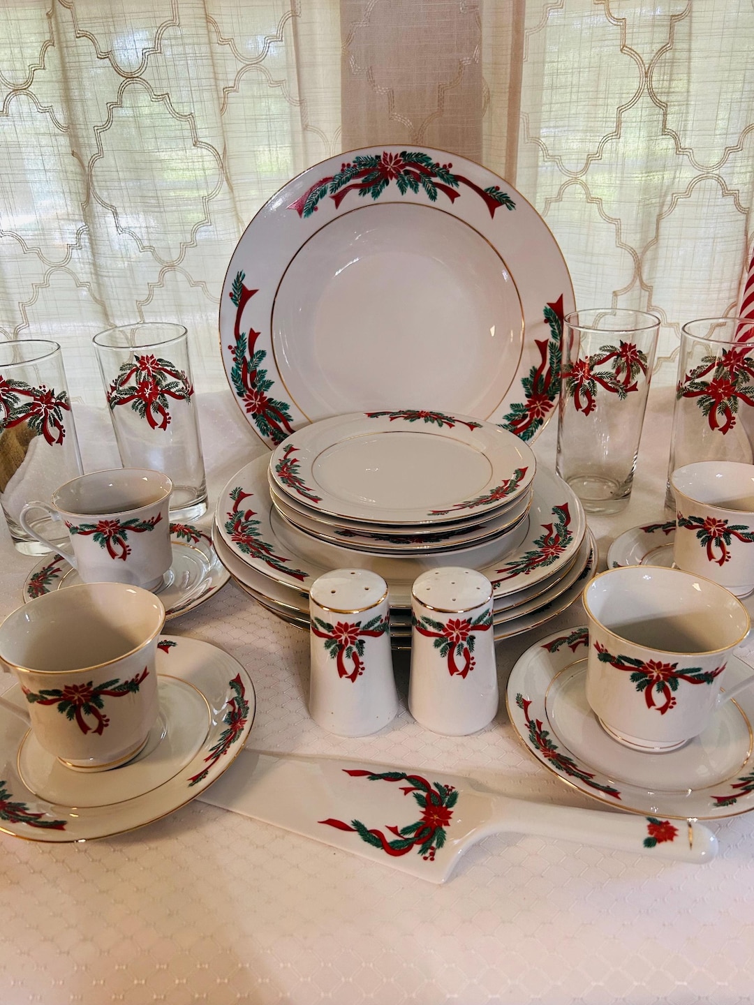 Vintage Tienshan Poinsettia and Ribbon Dinnerware Set Christmas - Etsy