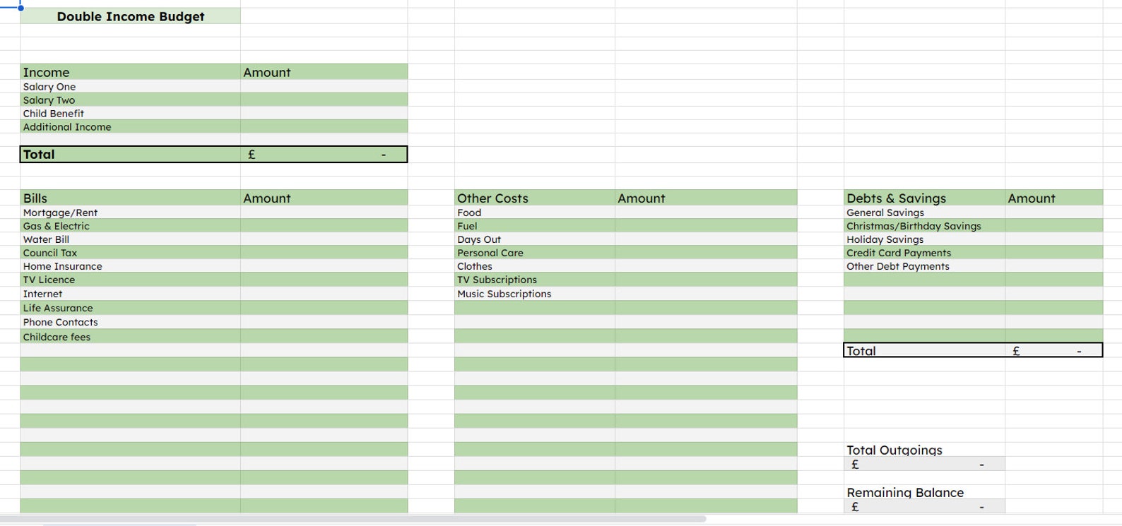 Double Income Budget Spreadsheet, Downloadable Family Budgeting ...