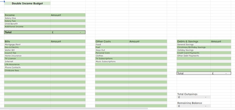 Double Income Budget Spreadsheet, Downloadable Family Budgeting ...