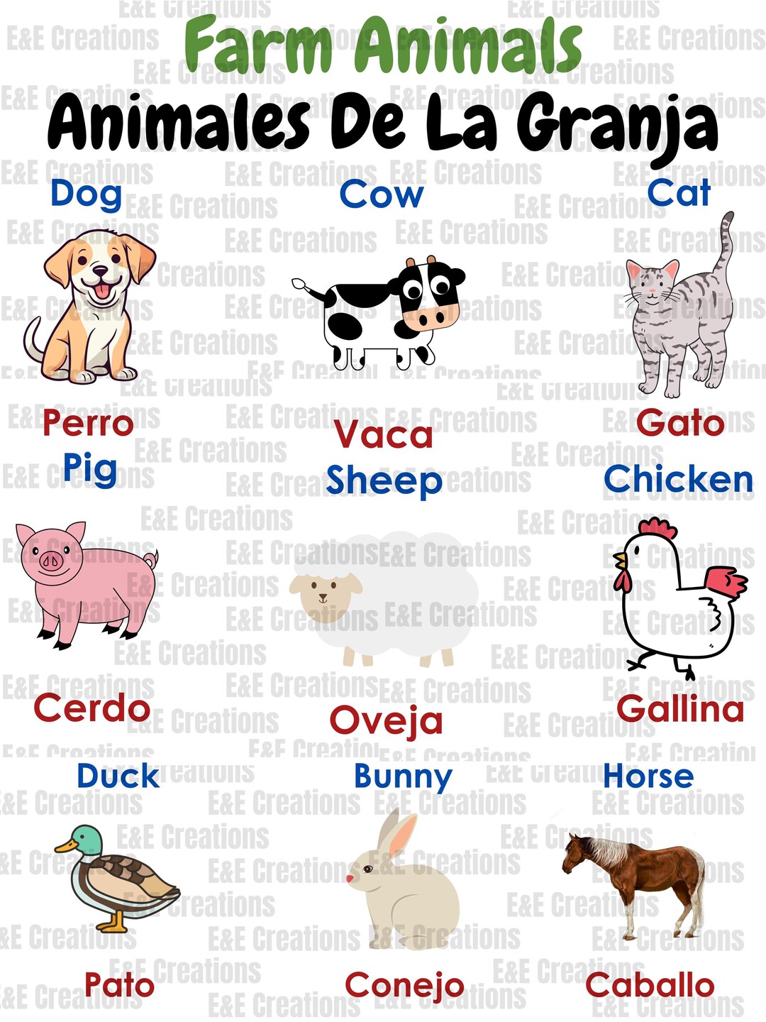 Bilingual Farm Animals Poster – English + Spanish - Etsy Australia