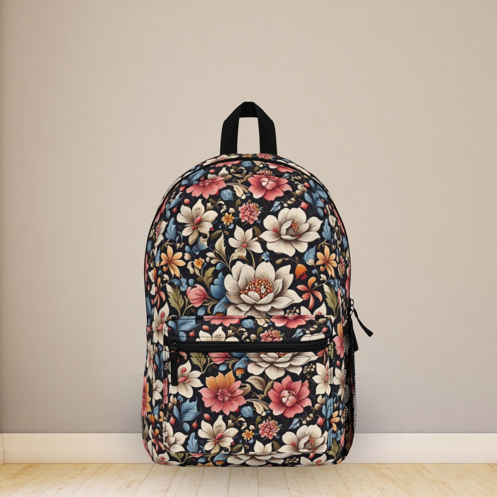 Floral Pattern Backpack, Back to School Bag, Carry-on Travel Bag, Navy ...
