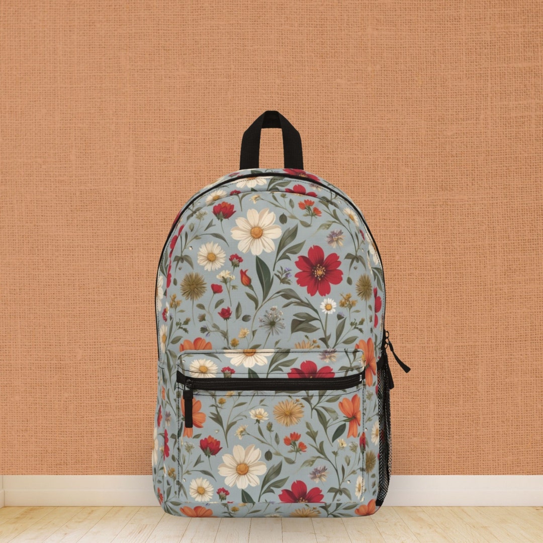 Floral Pattern Backpack, Pretty Blue Wildflowers Book Bag, Carry-on Bag ...