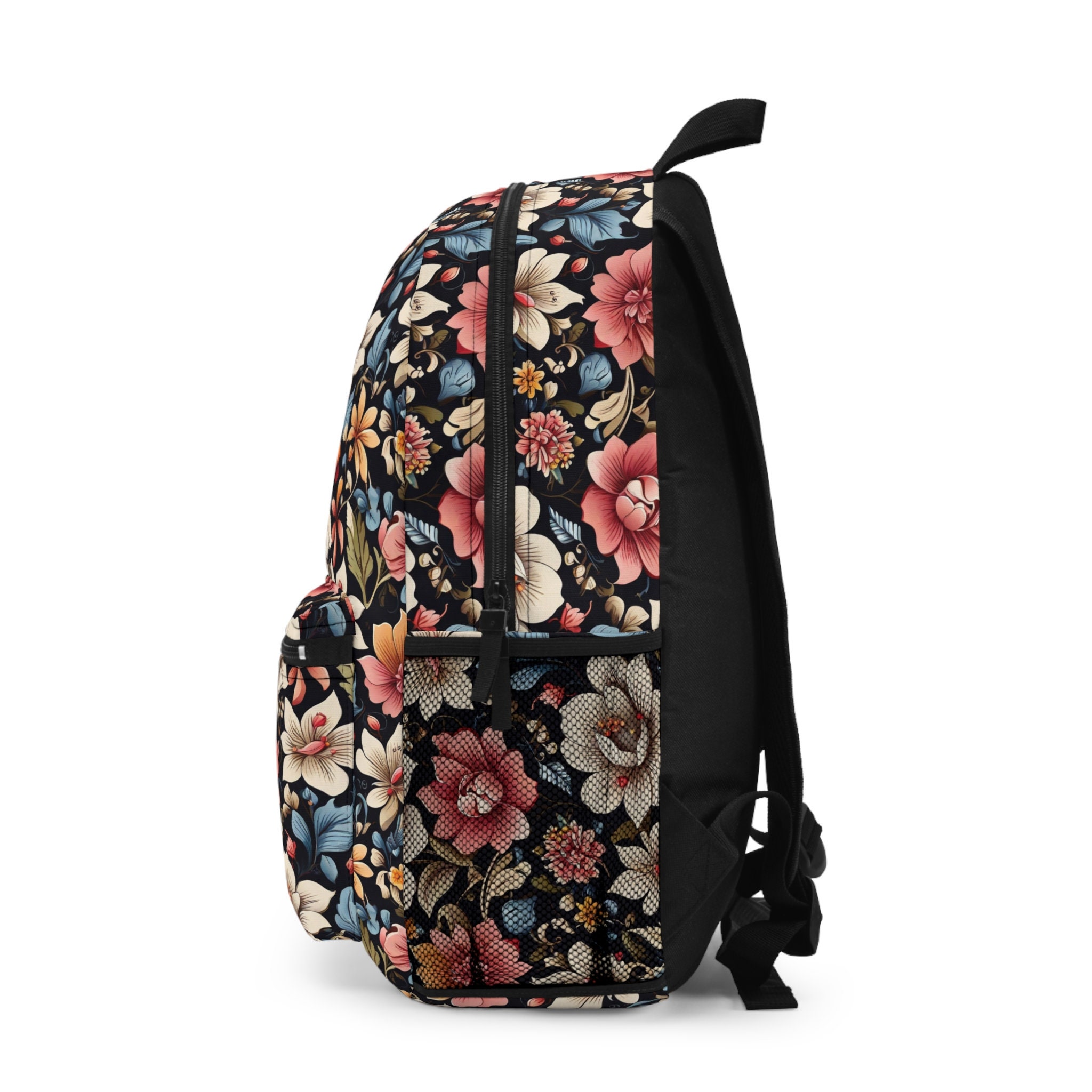 Floral Pattern Backpack, Back to School Bag, Carry-on Travel Bag, Navy ...