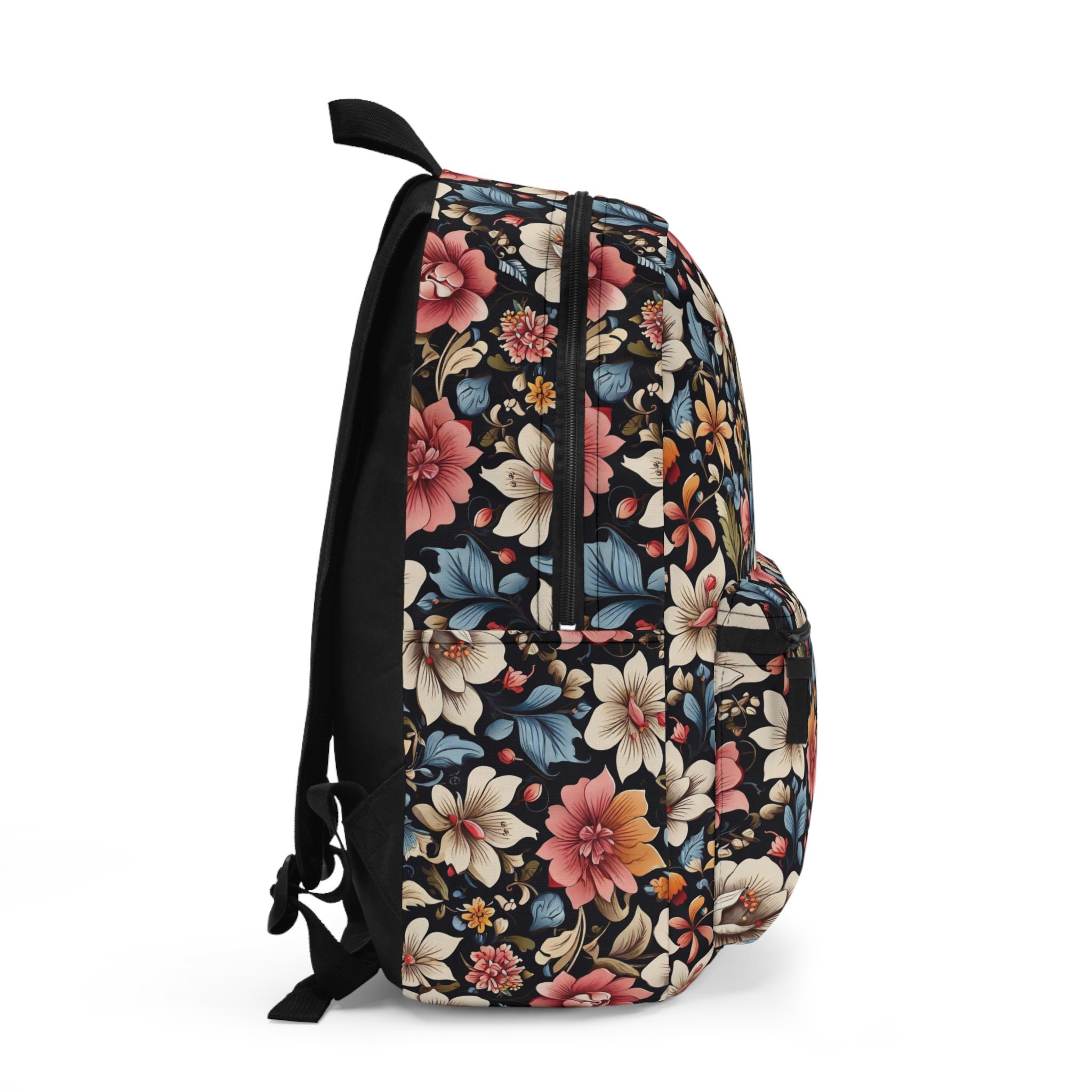 Floral Pattern Backpack, Back to School Bag, Carry-on Travel Bag, Navy ...