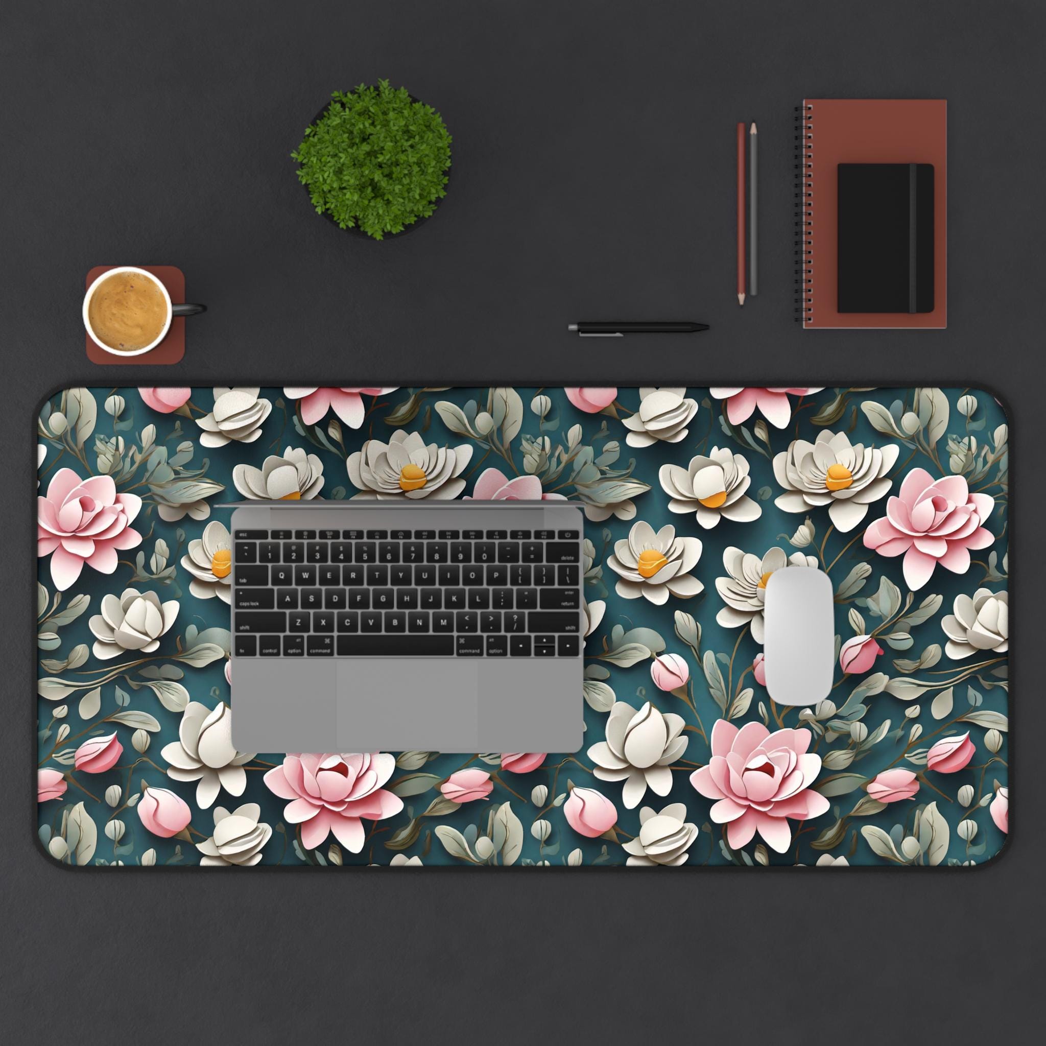 Blue Ivory and Pink Floral Deskmat, Floral Pattern Desk Accessory ...