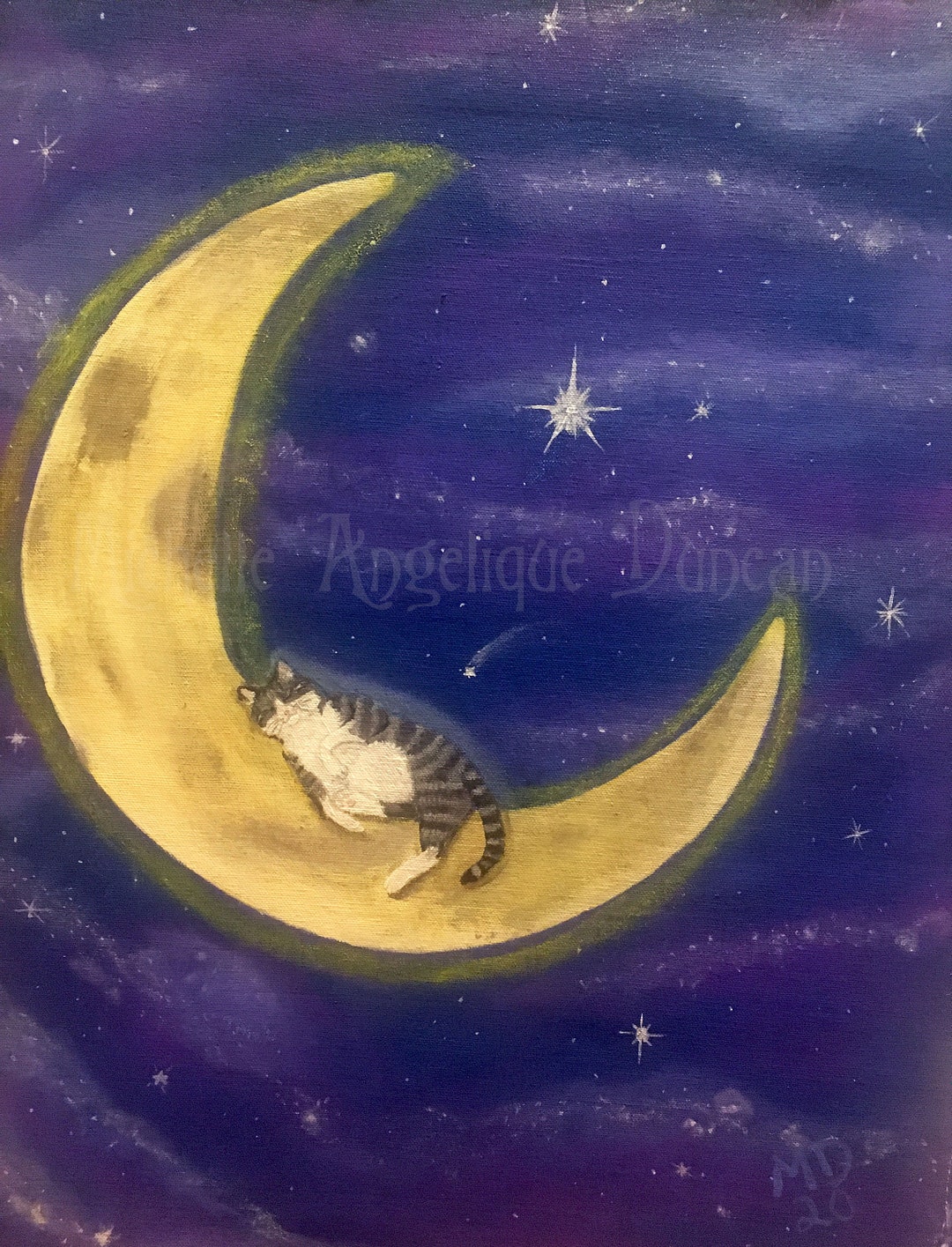 Cat Nap Crescent Moon Print Original Painting Celestial Space Milky Way ...