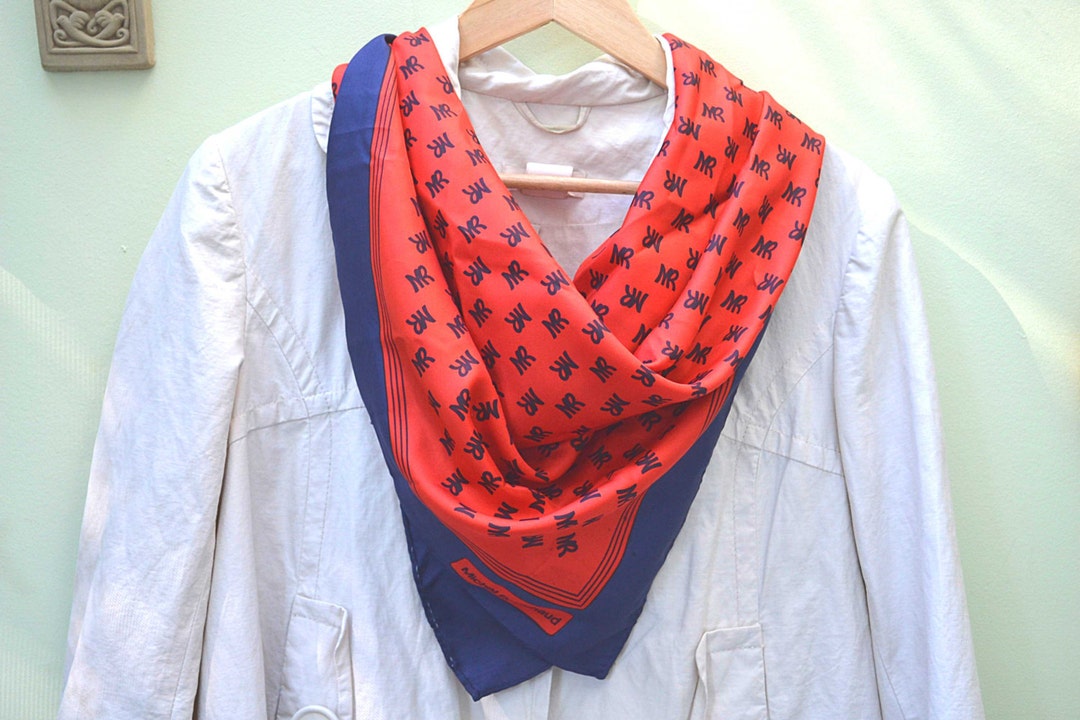 Vintage Scarf, Michel Robichaud Scarf, Red and Navy Blue Scarf, Print ...