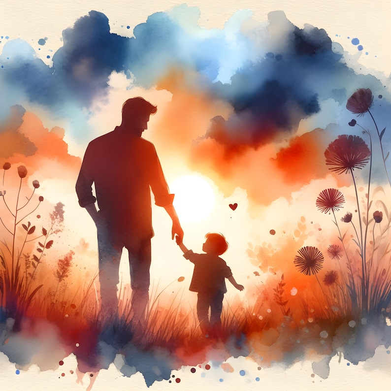 Watercolor Father and Son Clipart – Sunset Field Silhouette JPG Files ...