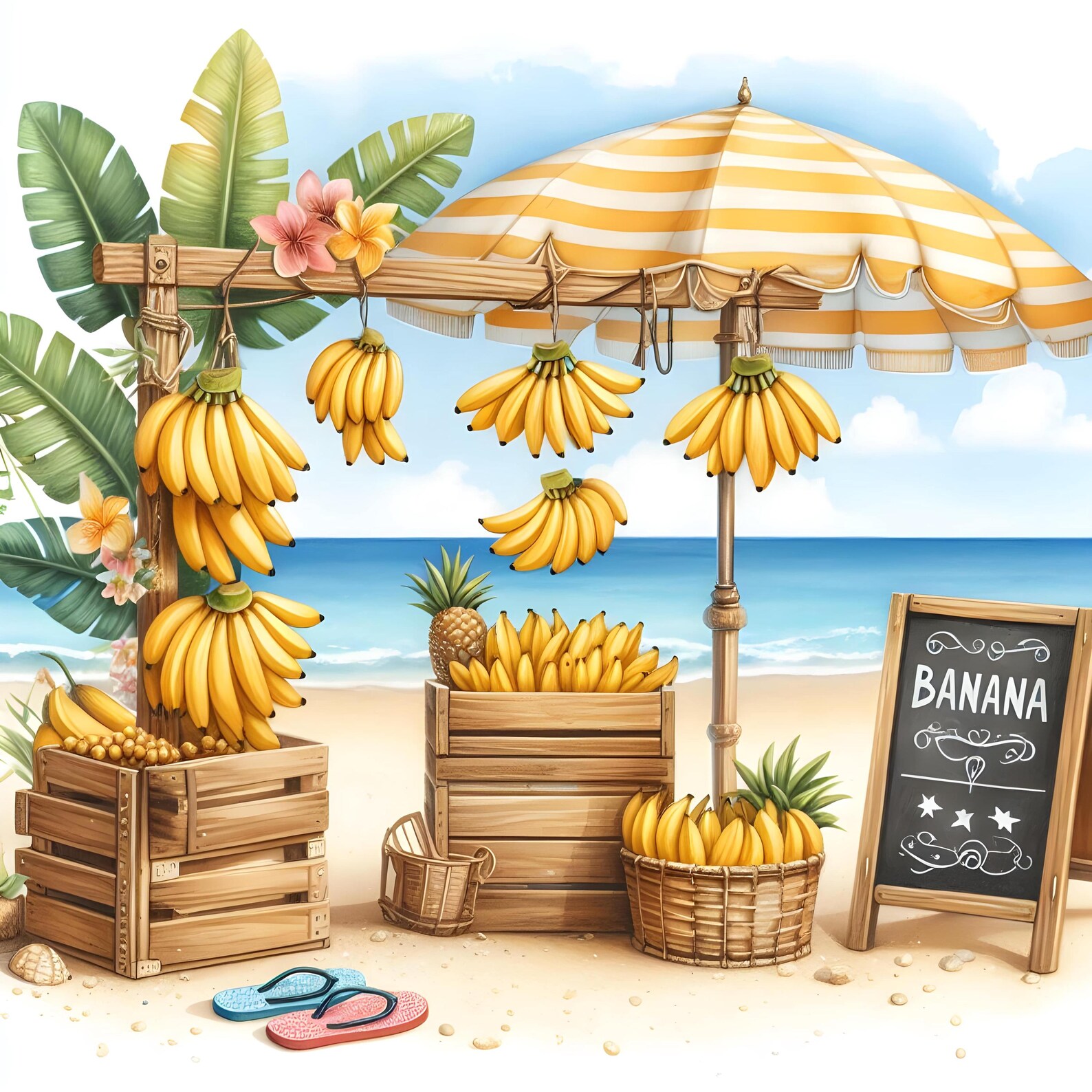 Banana Clip Art 10 Pack, Tropical Watercolor, Banana Illustration ...