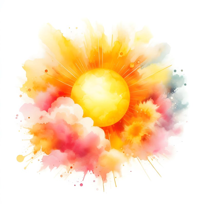 12 Watercolor Sun Clipart, Sunshine Clipart Pack, Happy Sun Designs ...
