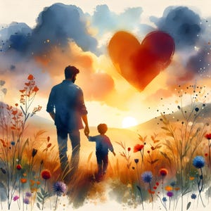Watercolor Father and Son Clipart – Sunset Field Silhouette JPG Files ...