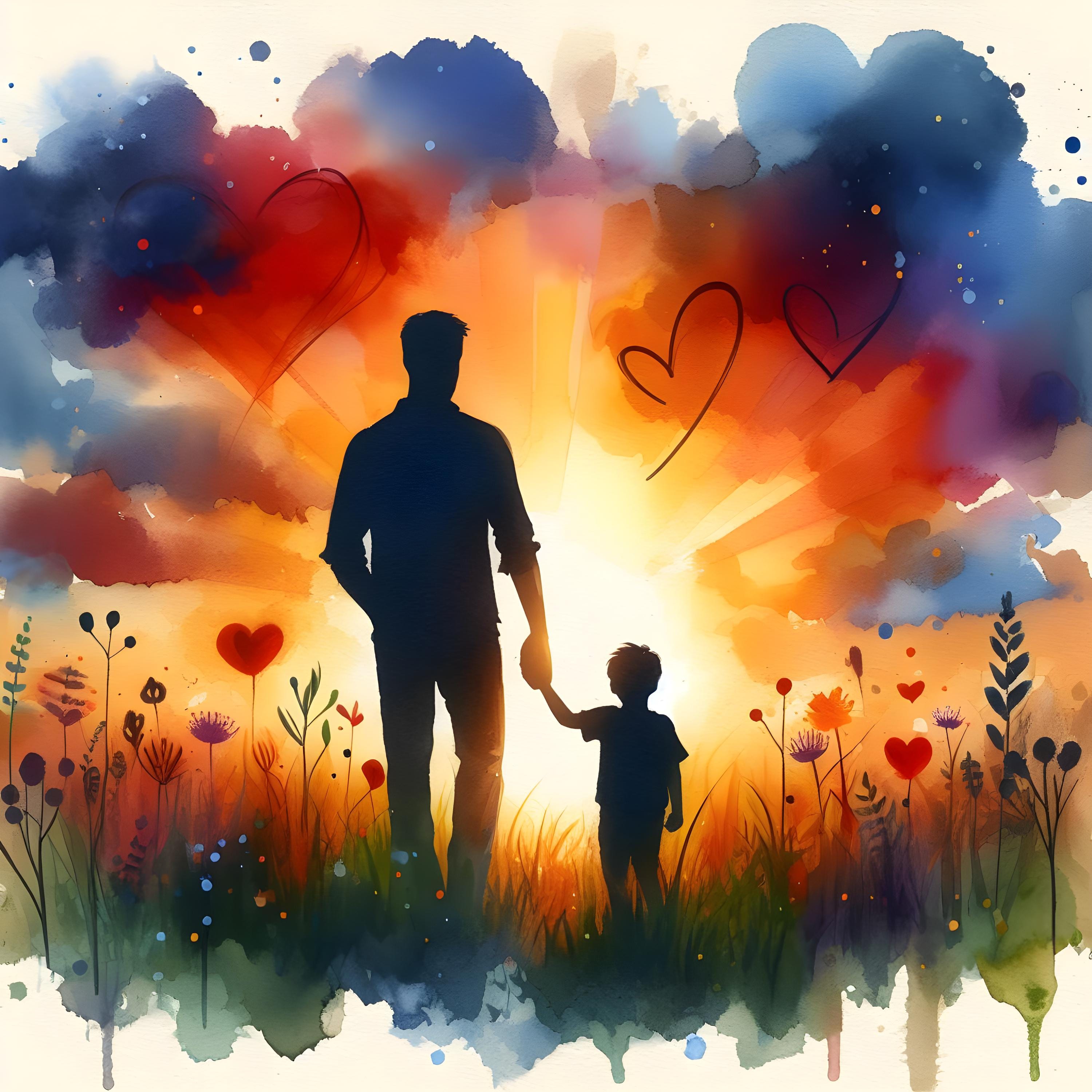 Watercolor Father and Son Clipart – Sunset Field Silhouette JPG Files ...