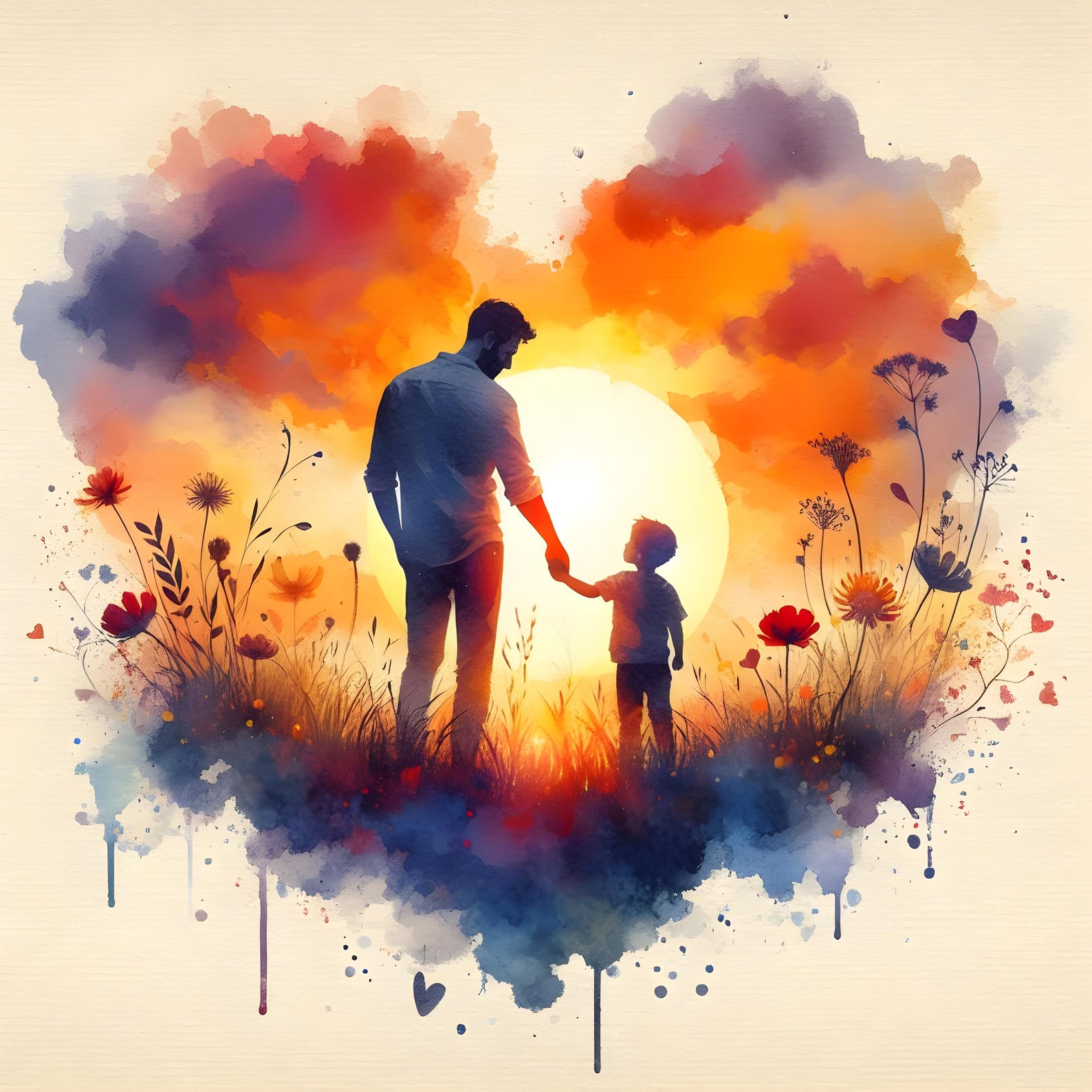 Watercolor Father and Son Clipart – Sunset Field Silhouette JPG Files ...