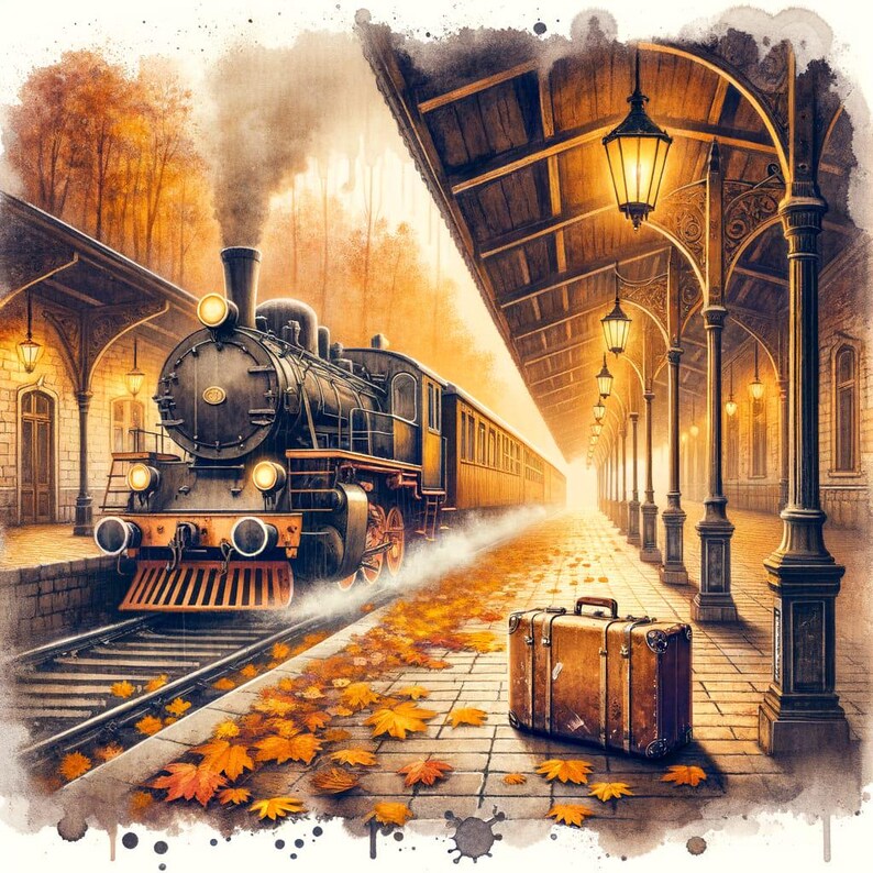Watercolor Train Station Clipart Bundle – Vintage Railway JPG/PDF Files ...