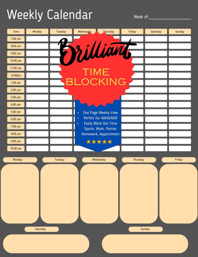 Weekly Time Block Calendar Perfect for ADD and ADHD as Well as Family ...