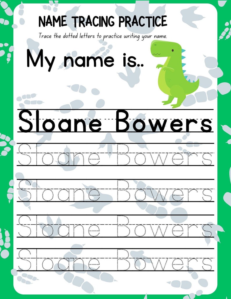 Name Tracing Handwriting Practice Worksheet Dinosaur Theme Customized ...