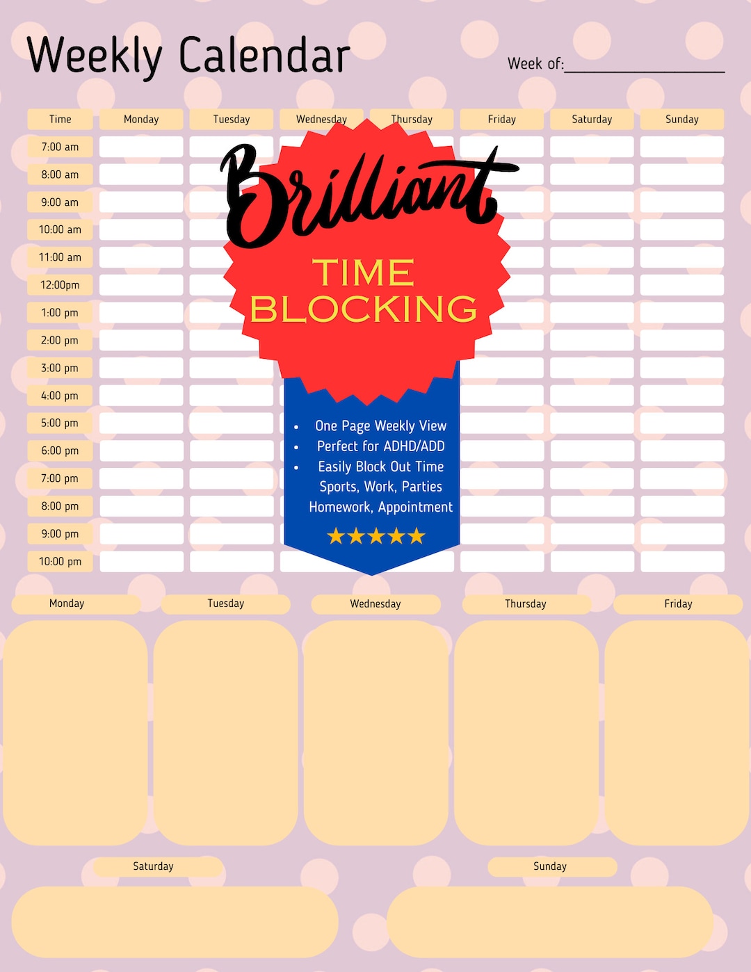 Weekly Time Block Calendar Perfect for ADD and ADHD as Well as Family ...