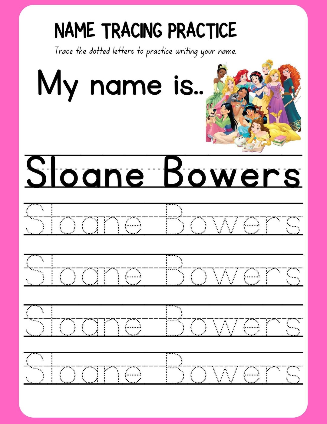 Handwriting Name Practice Worksheet Princess Style - Etsy
