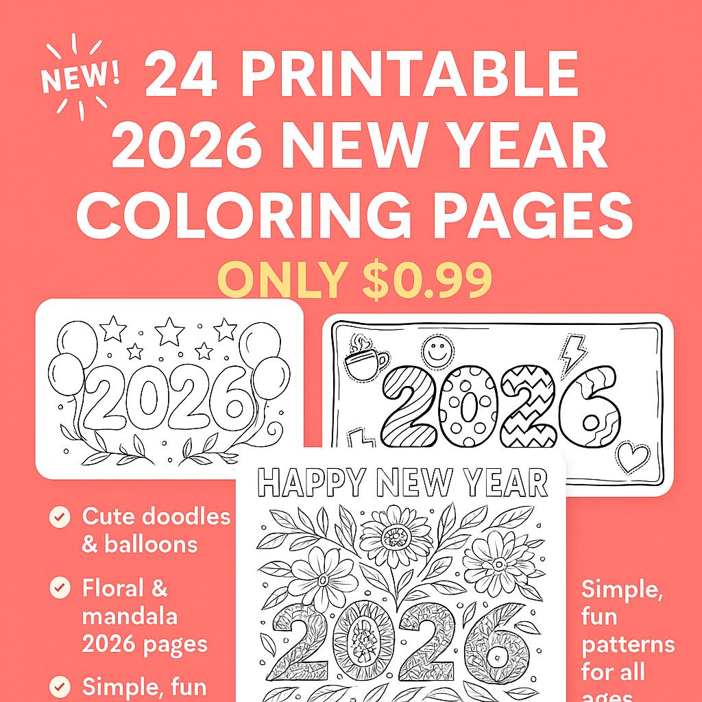 2026 New Year Coloring Pages | 24 Bold Designs (PDF Download) - Etsy