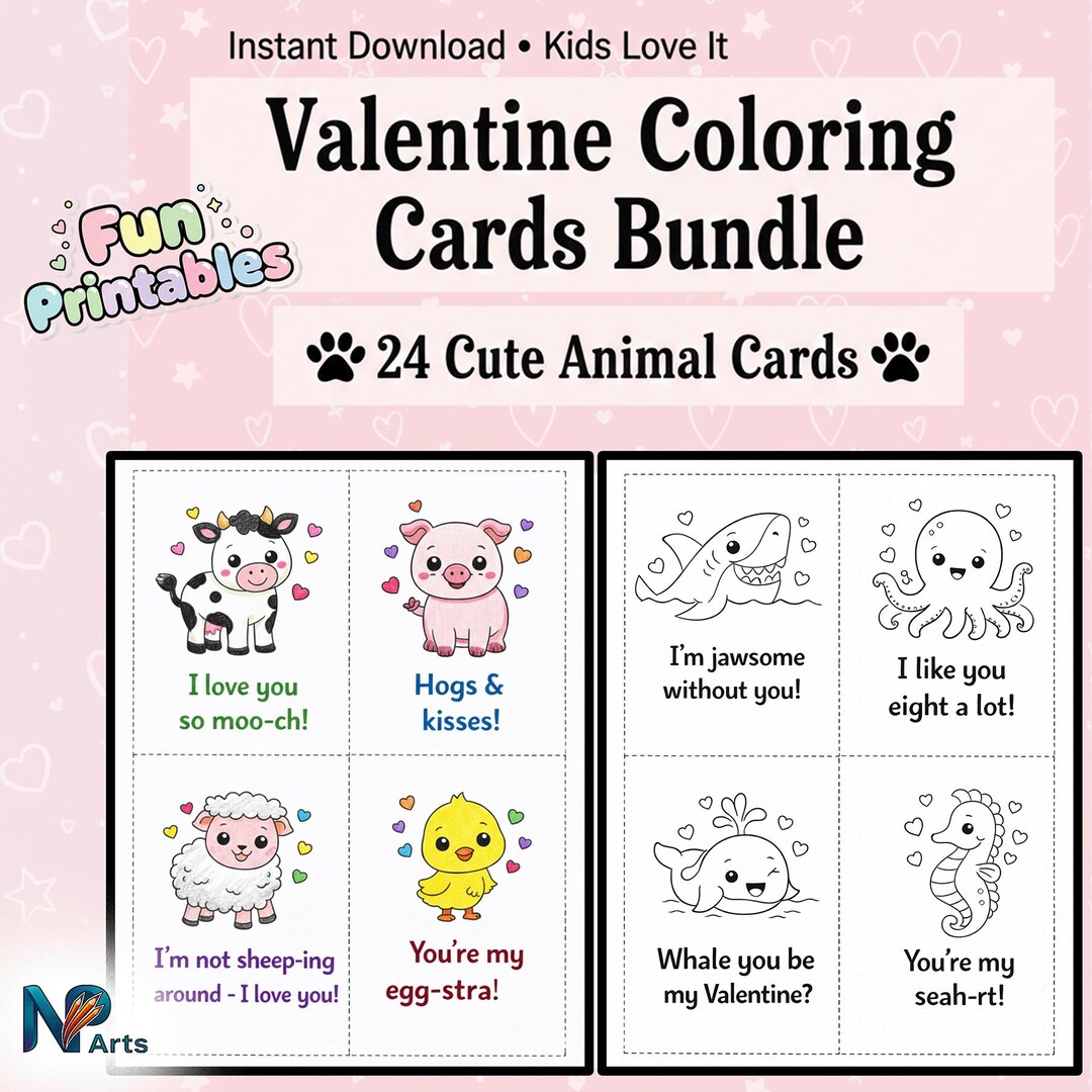 Valentine Coloring Cards Printable | Animal Pun Valentines Bundle ...