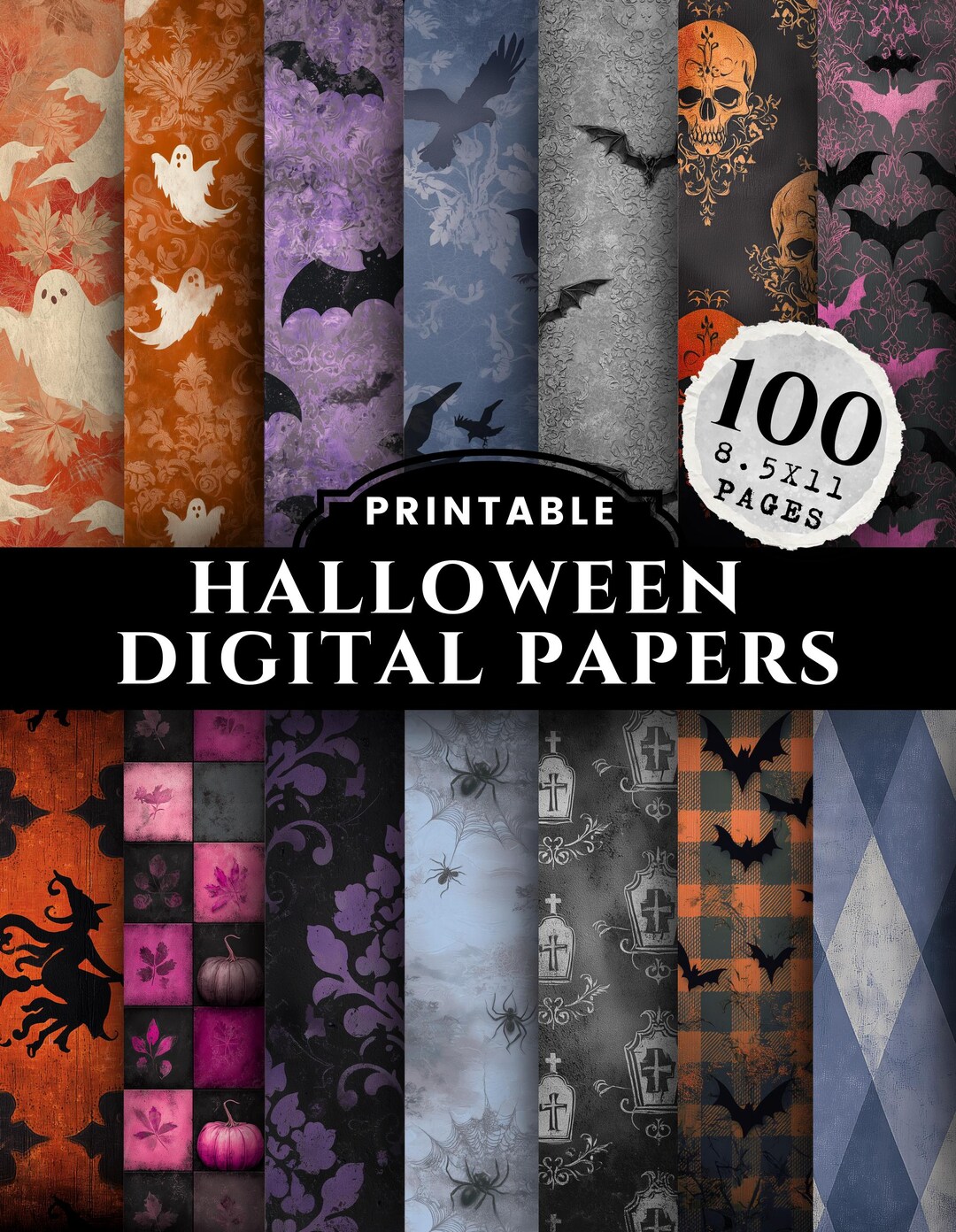 Halloween Digital Paper Pack | Spooky Damask, Ephemera (PDF) - Etsy