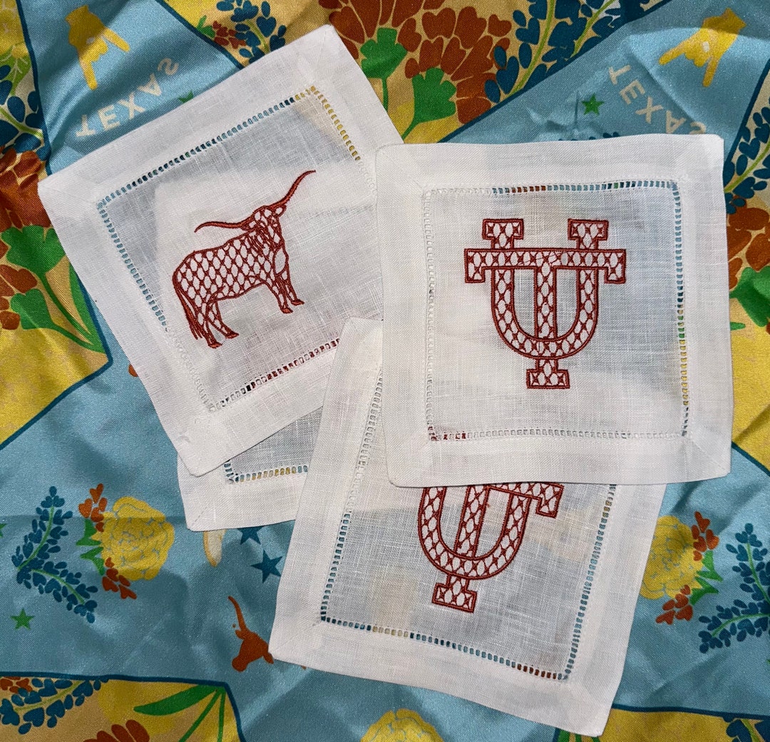 Texas Embroidered Linen Cocktail Napkins | UT | Game Day | Burnt Orange ...
