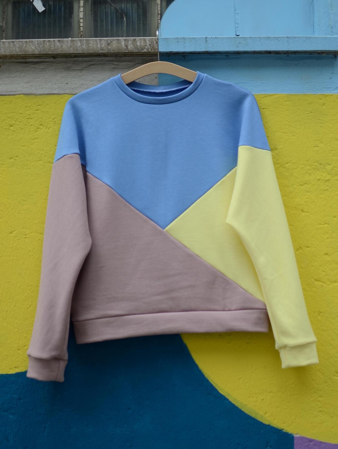 Triangle Upcycling Batwing Sweater, Color Block, Asymmetrical, Blue ...