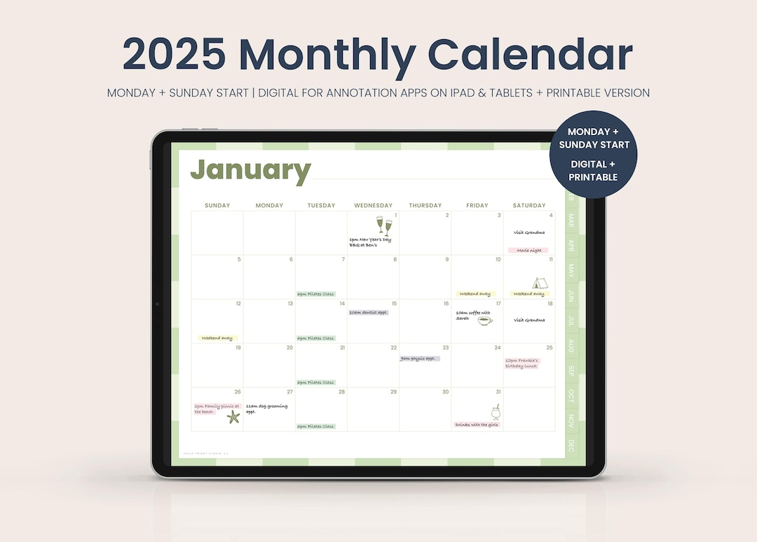 2025 Digital Monthly Calendar | Interactive PDF | Goodnotes Planner ...