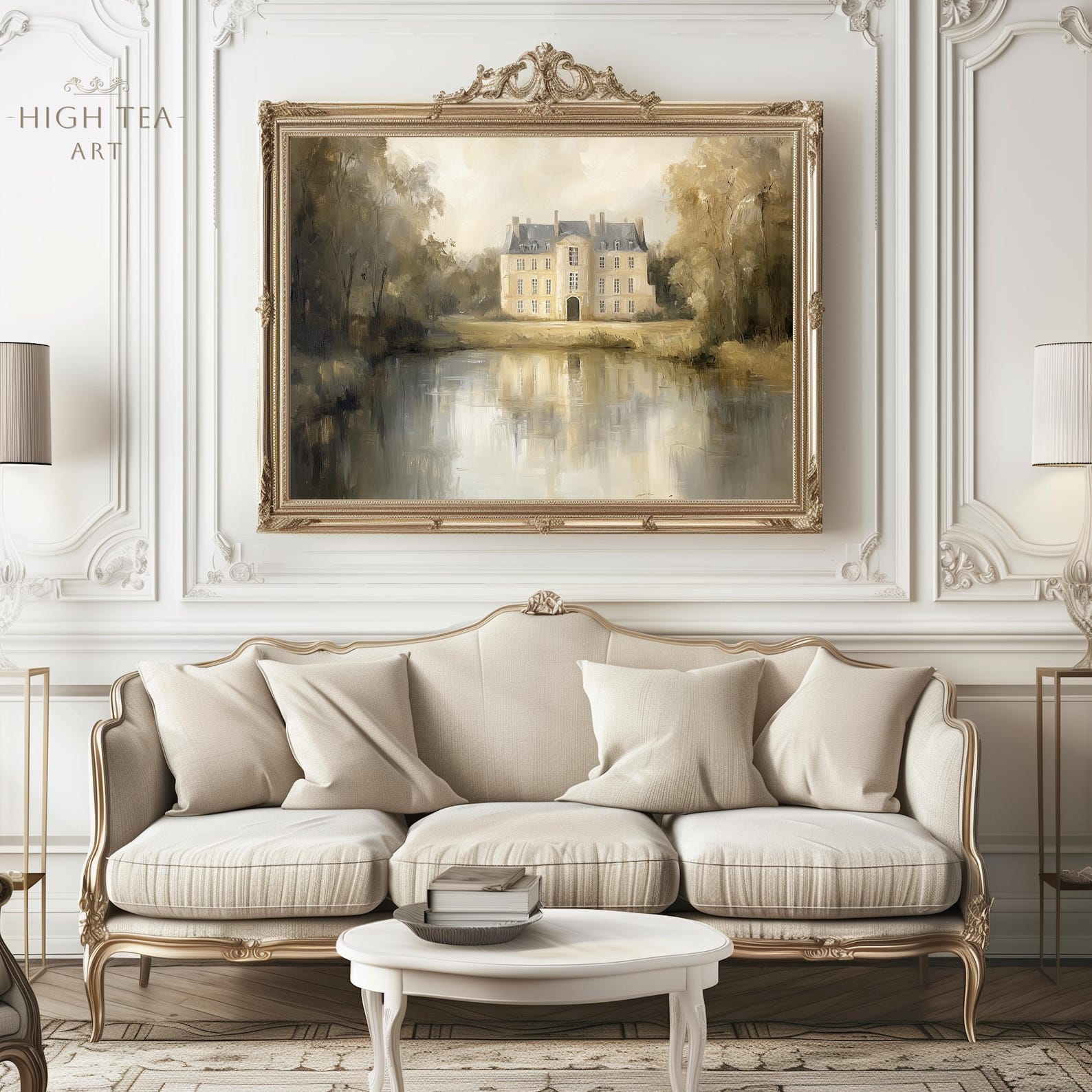 Vintage French Chateau Oil Painting Muted Countryside Landscape Manor ...