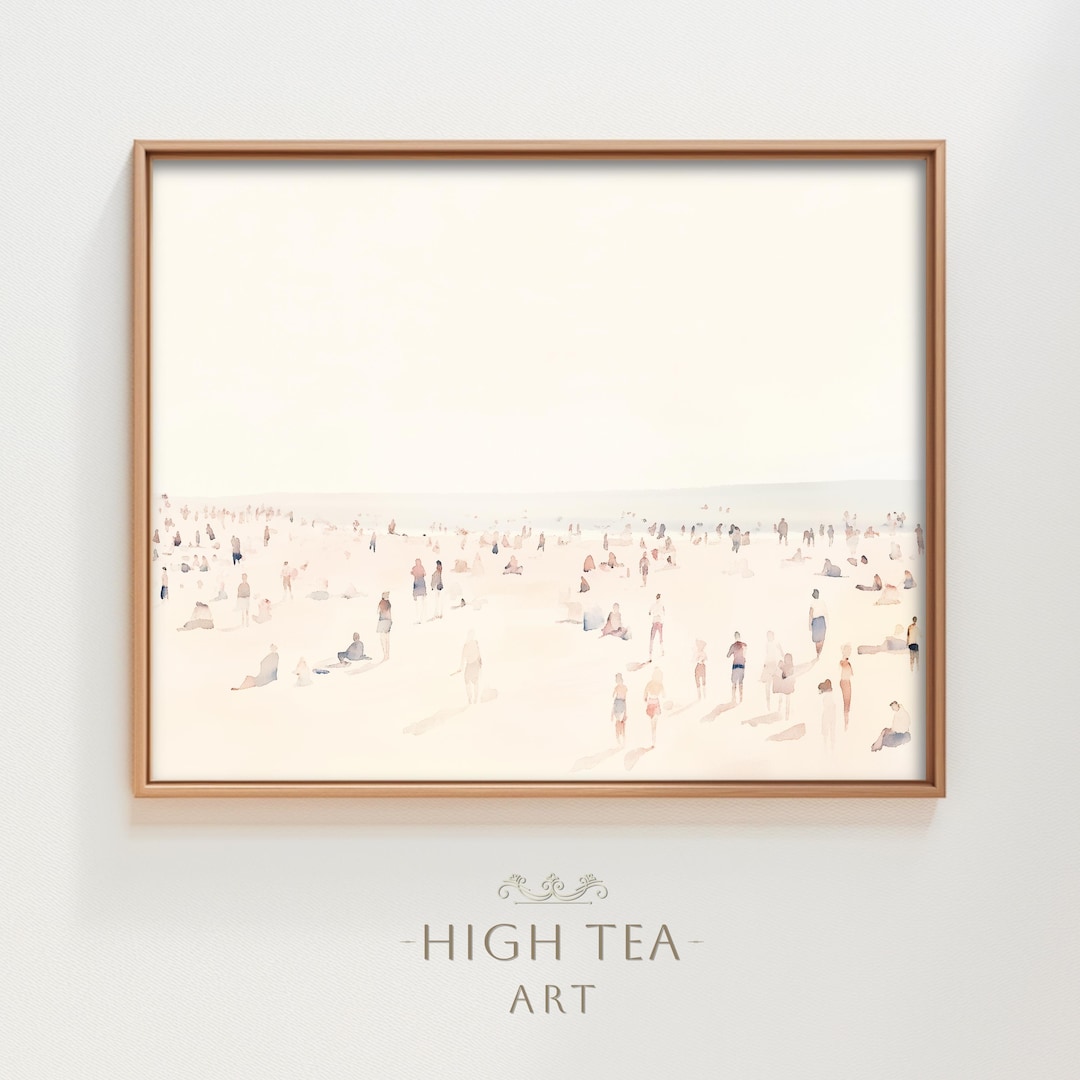 Muted Beach Scene People Sun Bathing Watercolor Painting Digital ...