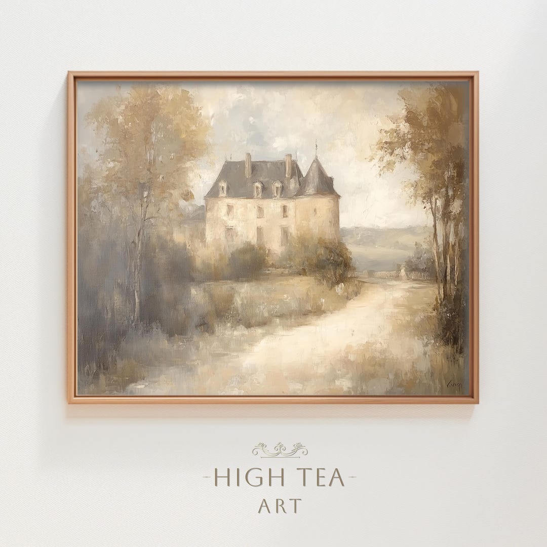 Vintage French Chateau Oil Painting Muted Countryside Landscape Manor ...