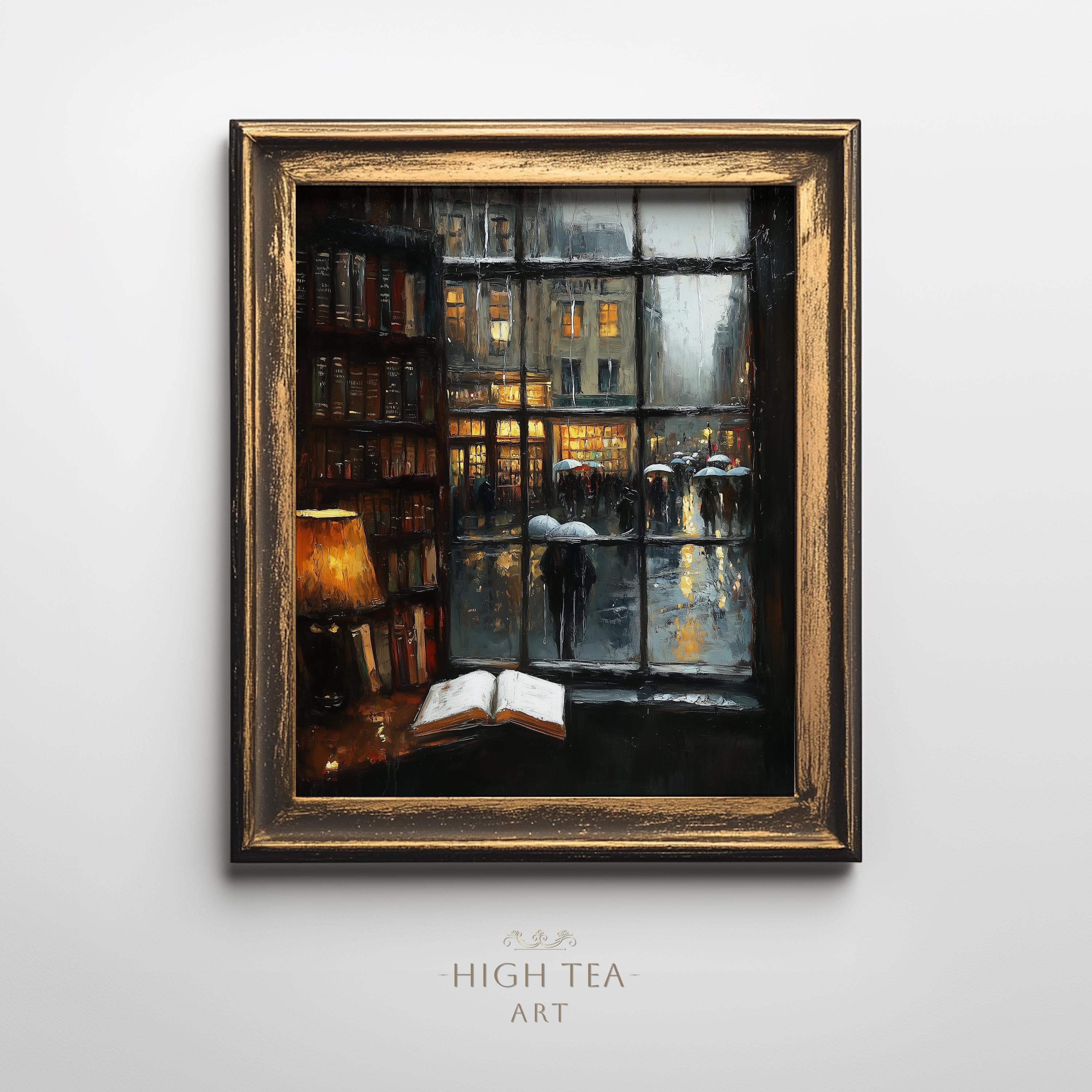 Vintage 19th Century Bookstore Window Rainy Overcast City Digital ...