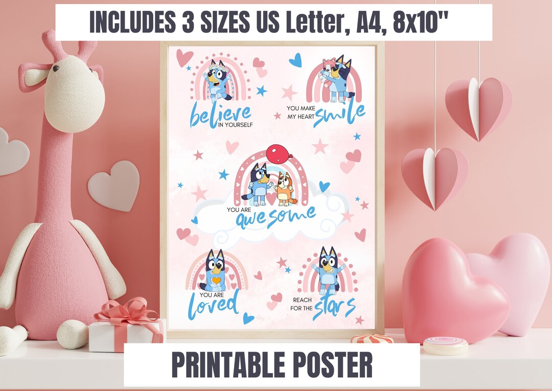 Bluey Girl's Room Poster, Wall Art Kids, Bluey Pink, Affirmation for ...
