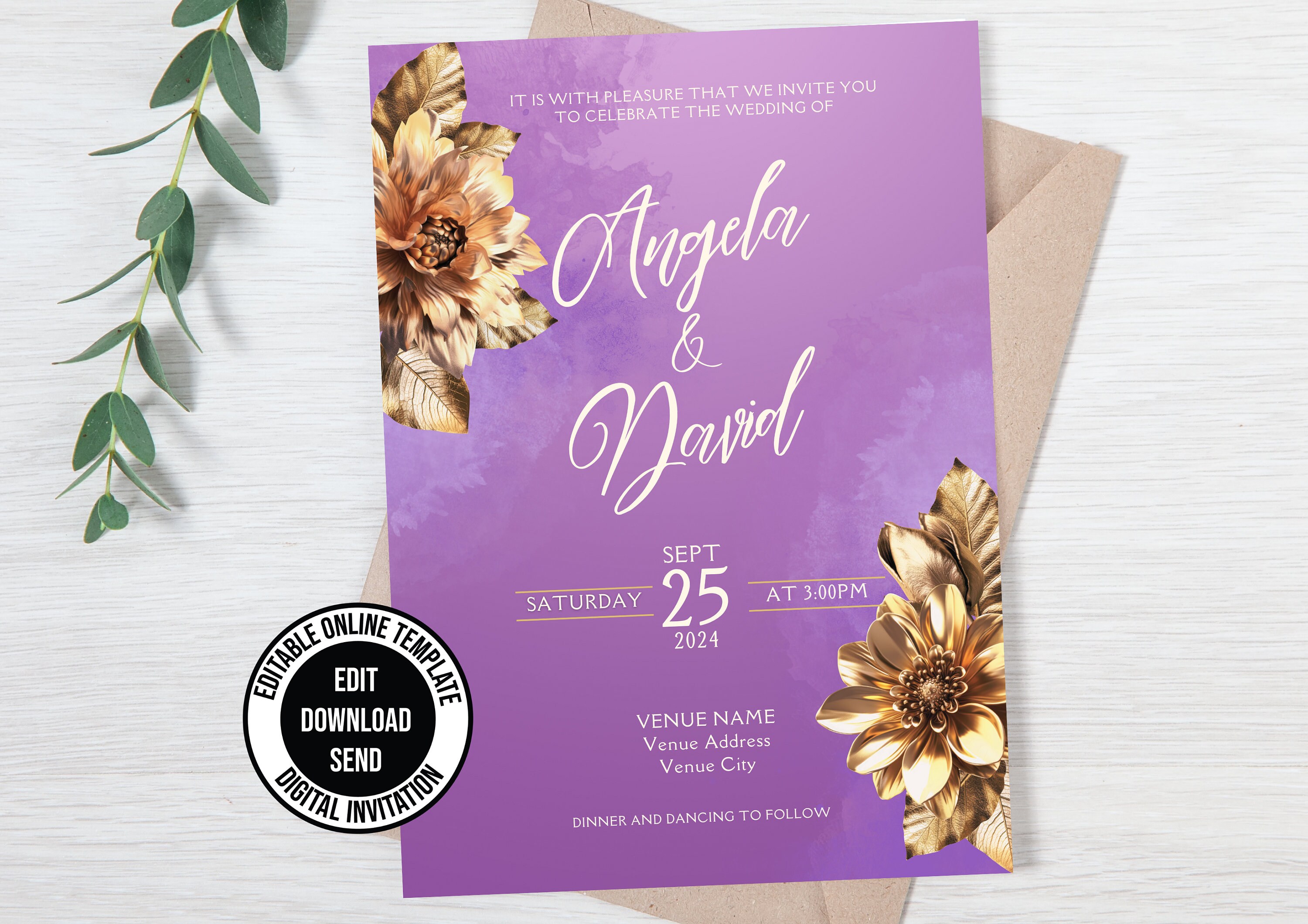 Purple and Gold Wedding Invitation, Wedding Invitation Template ...