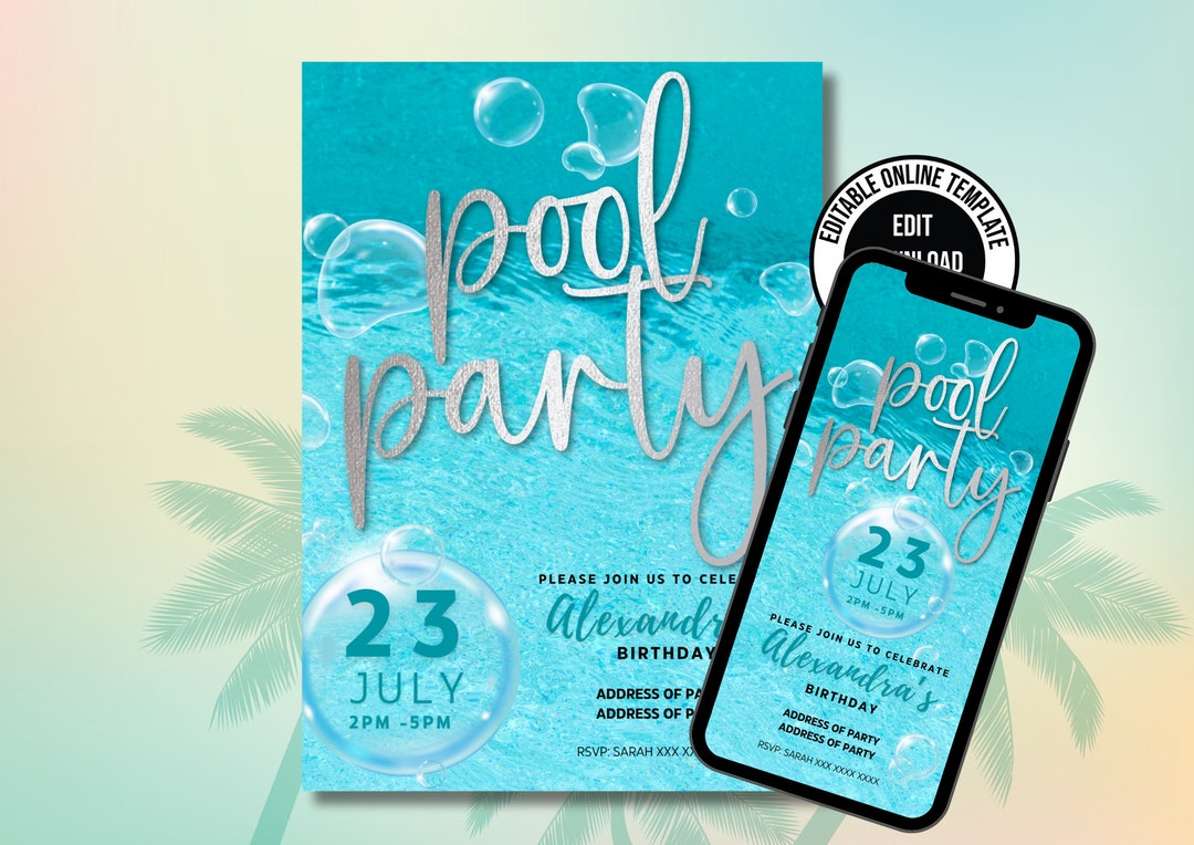 Pool Party Invitation, Swimming BBQ Invite, Printable, Summer Fun ...