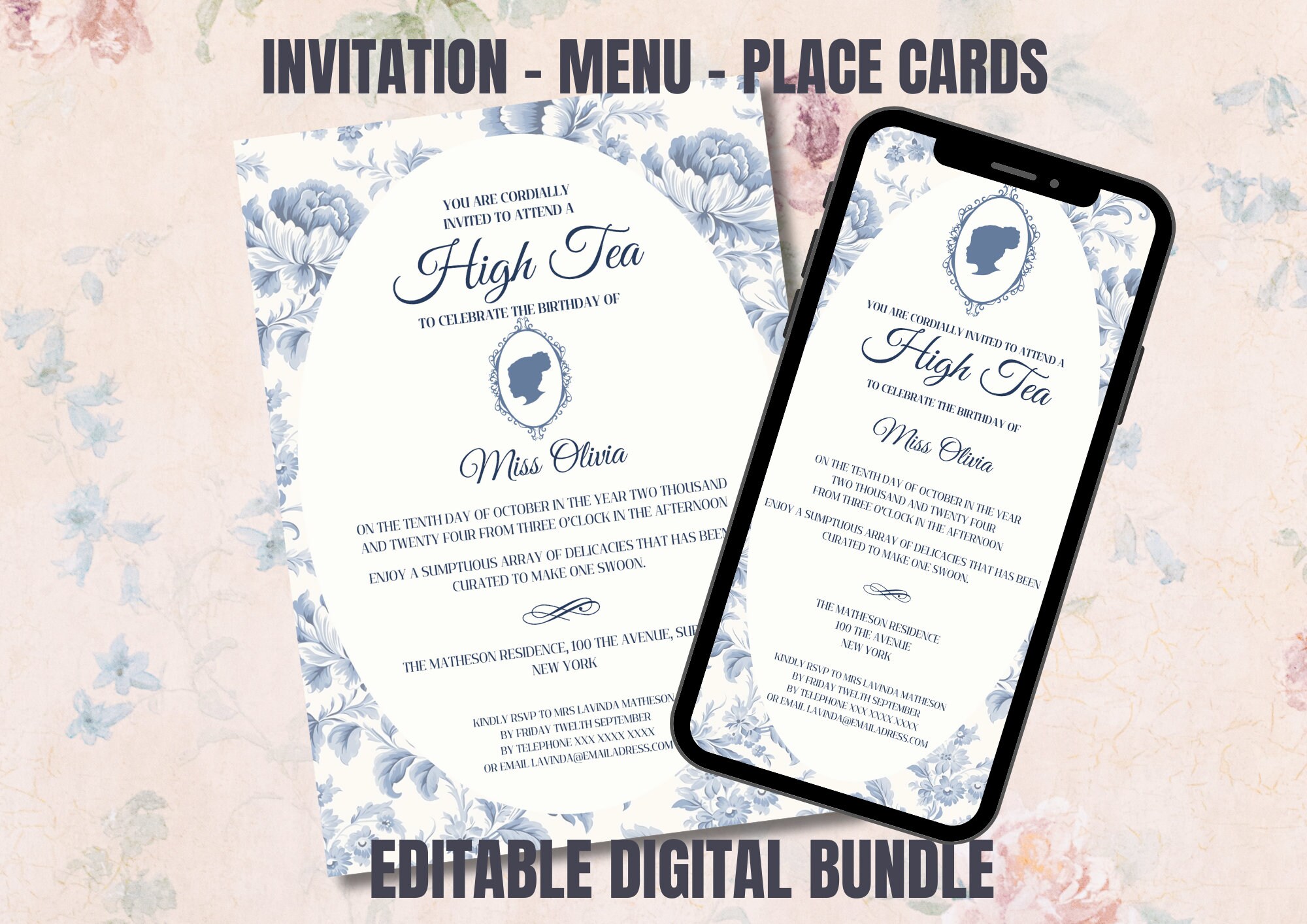 Bridgerton Invitation. Bundle of 4 Bridgerton Blue Floral Birthday ...