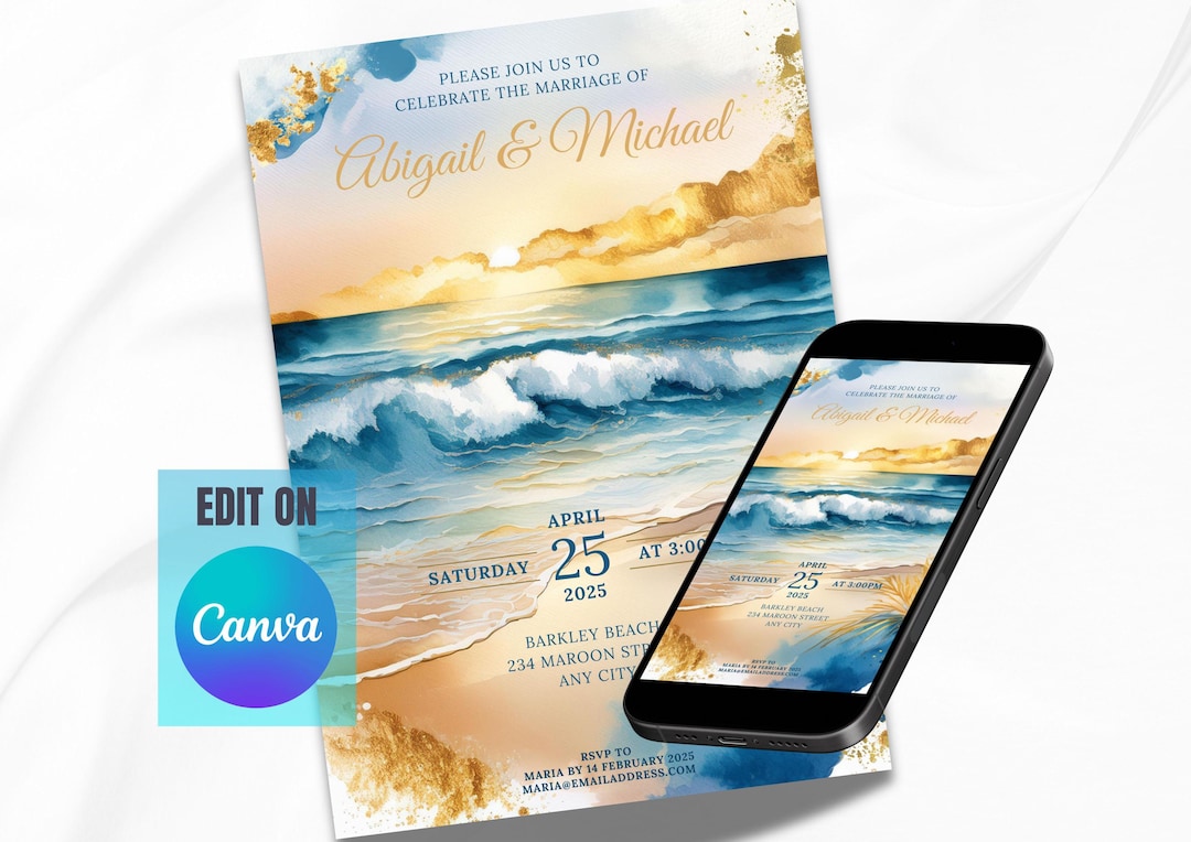 Beach Wedding Invitation, Destination Wedding Invitation Template. Blue ...