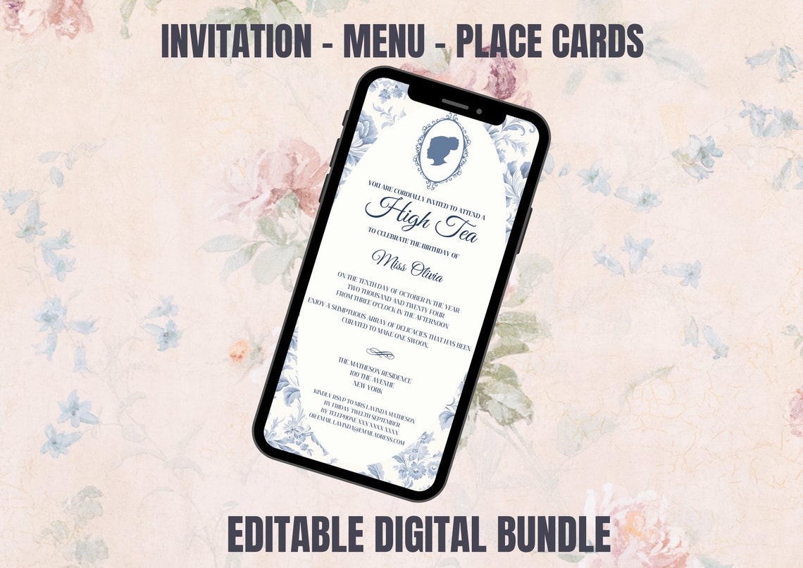 Bridgerton Invitation. Bundle of 4 Bridgerton Blue Floral Birthday ...