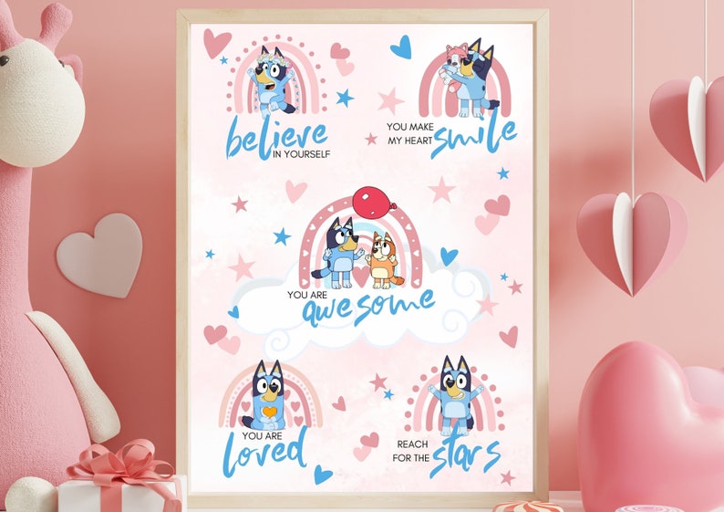 Bluey Girl's Room Poster, Wall Art Kids, Bluey Pink, Affirmation for ...