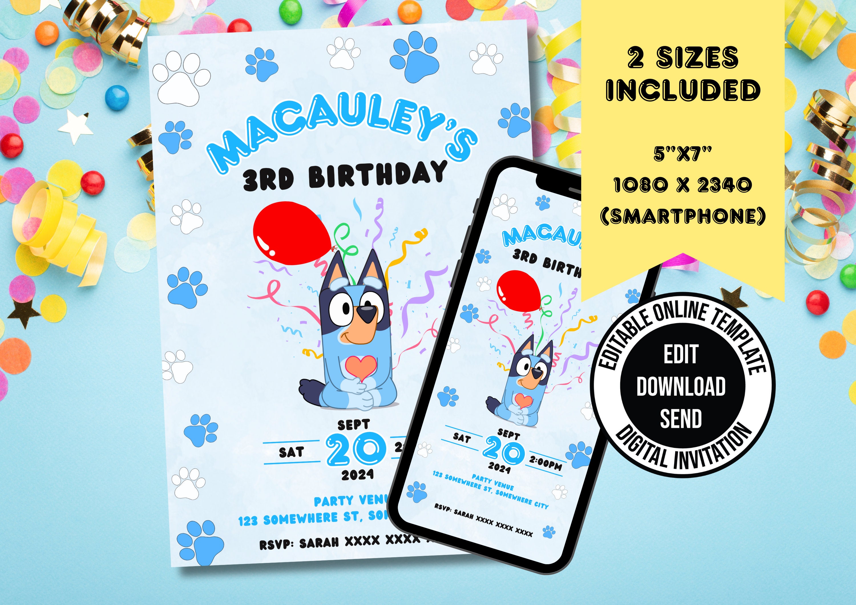 Editable Bluey Birthday Party Invitation, Printable Birthday Party ...