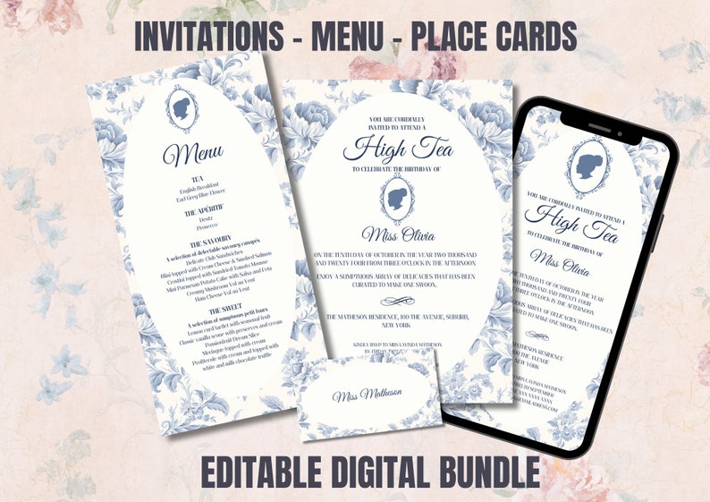 Bridgerton Invitation. Bundle of 4 Bridgerton Blue Floral Birthday ...