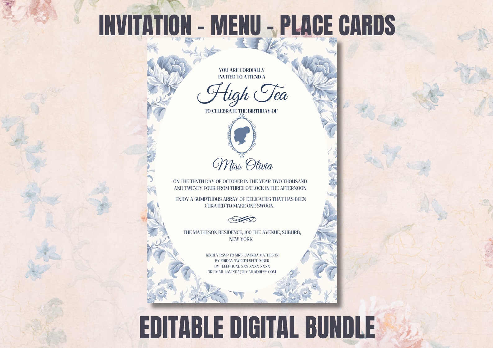 Bridgerton Invitation. Bundle of 4 Bridgerton Blue Floral Birthday ...
