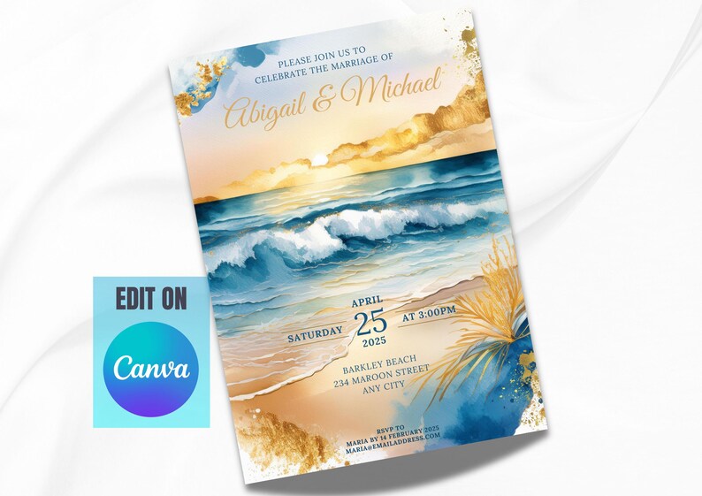 Beach Wedding Invitation, Destination Wedding Invitation Template. Blue ...
