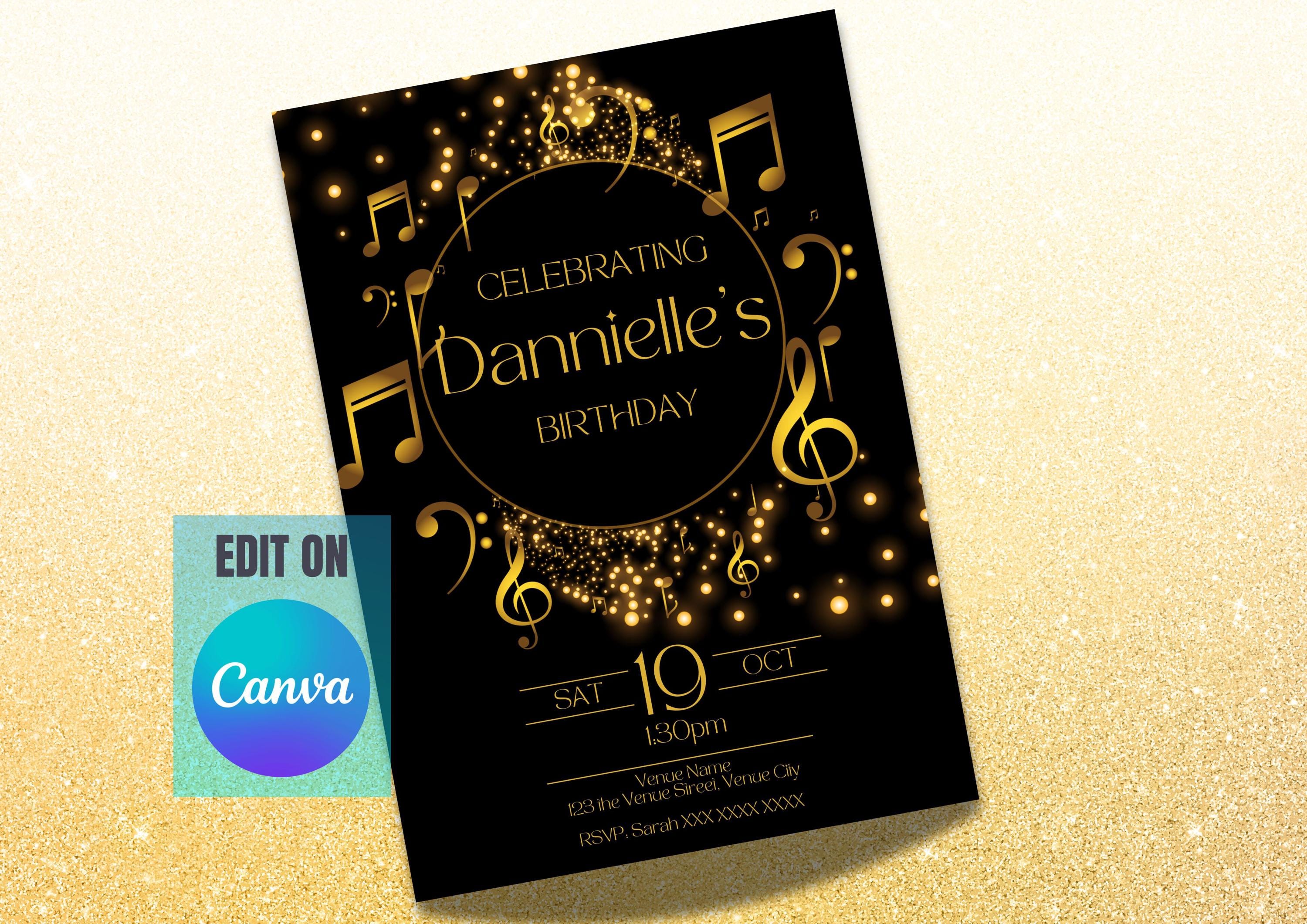 Music Birthday Gold and Black, Teen or Adult Birthday Invitation ...