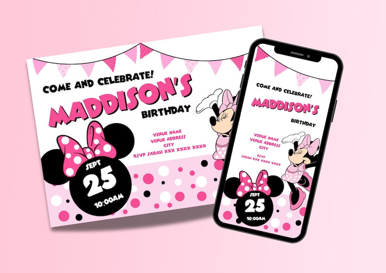 Editable Minnie Mouse Invitation, Girls' Pink Birthday, Cute Invite ...